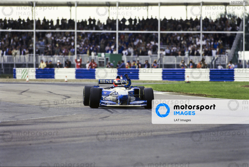 Johnny Herbert, Benetton B195 Renault, celebrates his maiden victory ...